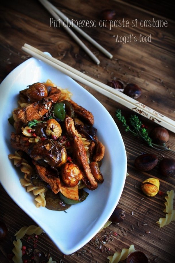 Pui chinezesc cu paste si castane | Retete culinare | Gustos.ro